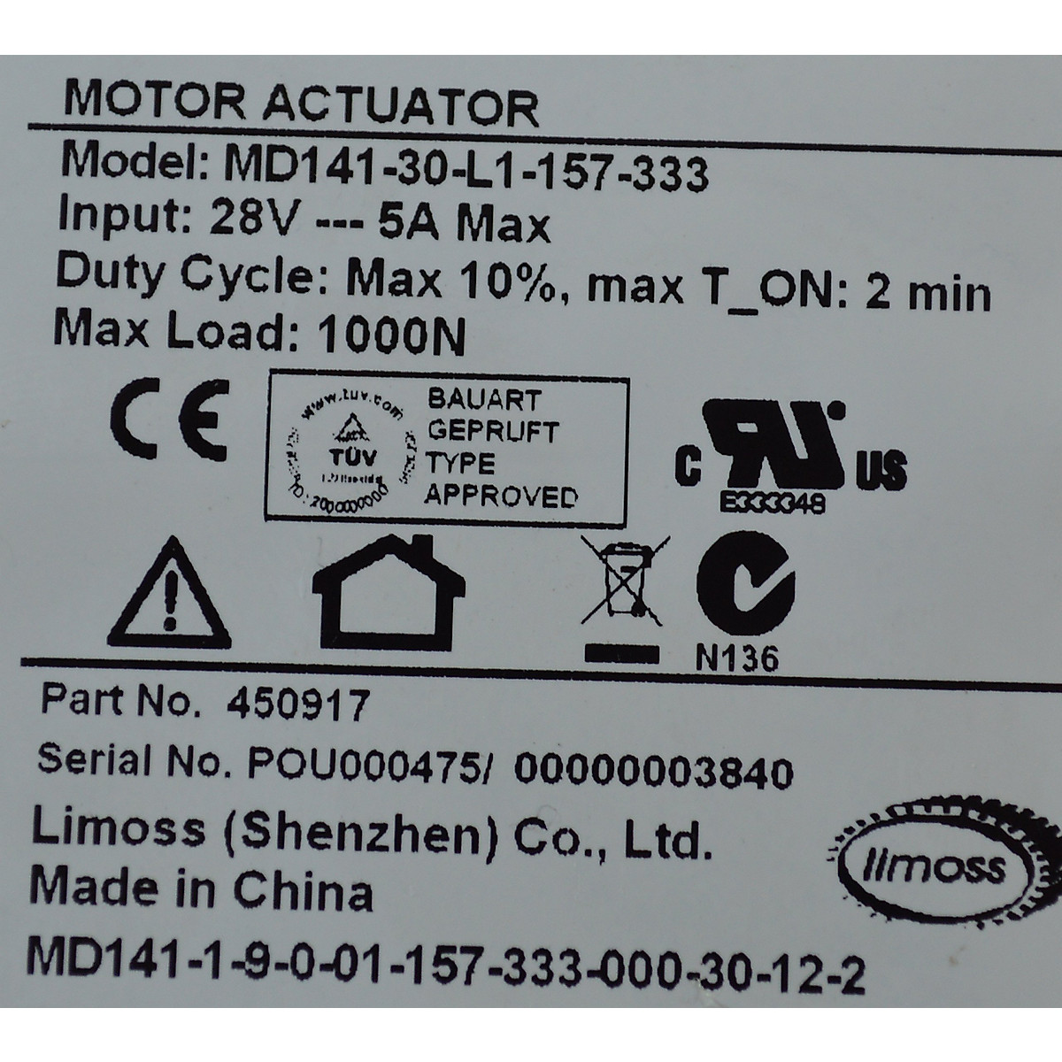 Limoss 450917 MD141-30-L1-157-333 Power Recliner Replacement Motor Actuator for Part #'s 450917 450676 450626