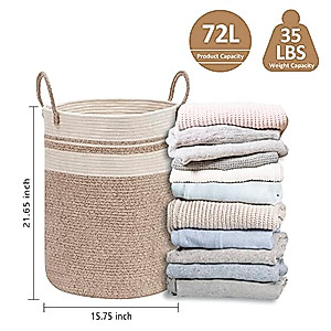BRAIN & DANY 72L Woven Laundry Basket, Tall Cotton Rope Laundry Hamper with Handles, Large Dirty Clothes Basket Collapsible for Nursery, Bathroom, Laundry Room Organization, Bedroom Storage, Brown & White