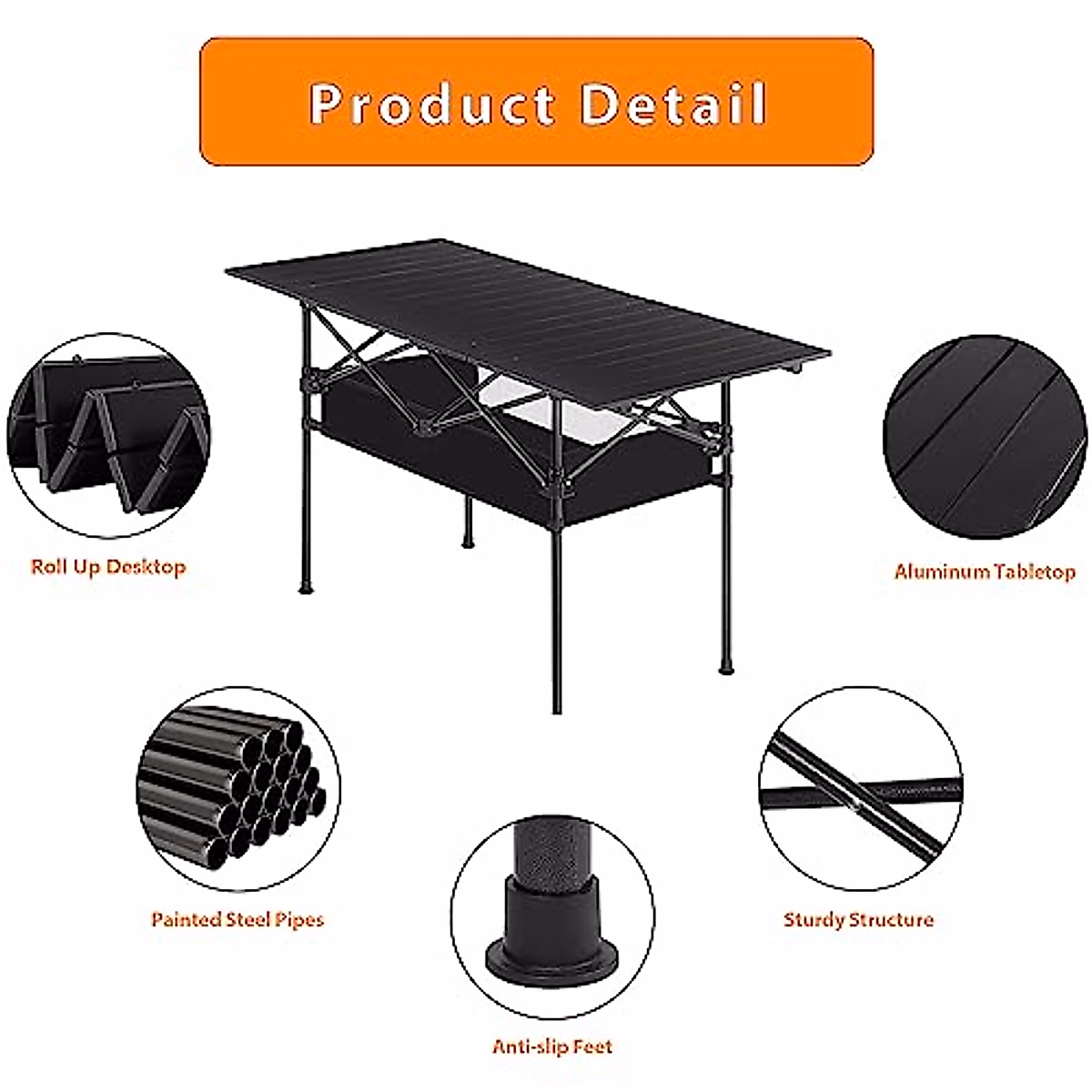 Folding Camping Table Folding Outdoor Table, 46.6 * 21.65 * 26.77in Picnic Table, Portable Camping Table, Aluminum Roll-Up Top, Camp Table with Easy Carry Bag for Outdoor Travel Backyards BBQ(Black)