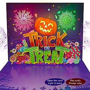 DTESL 3D Pop Up Trick Or Treat Pumpkin Halloween Card, with light and music, For Kids, Friend, Boyfriend, Girlfriend, Husband, Him, Women - Skull, Ghost, Envelope