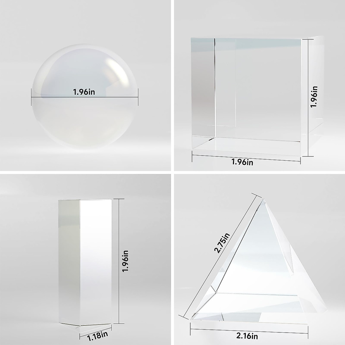 Prism Set, 4 Pack K9 Optical Crystal Photography Prism Set, Include 55mm Crystal Ball, 50mm Crystal Cube, 50mm Triangular Prism, 60mm Optical Pyramid, Gift Box for Teaching, Science, Photography, Play