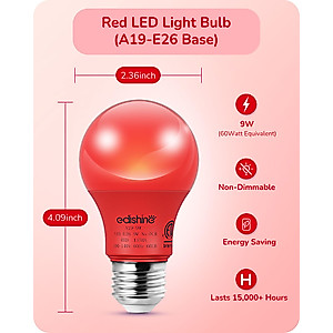 EDISHINE 4 Pack Red Light Bulbs, A19 LED Light Bulb 60W Equivalent, E26 Medium Base, 9W, Red Lights for Bedroom, Christmas Decoration, Porch, Garden, Home Lighting, Non-dimmable, ETL Listed
