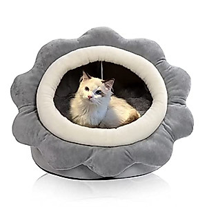 Cat Beds for Indoor Cats - Small Cat Bed with Anti-Slip Bottom, Sunflower-Shaped Cat/Dog Cave with Hanging Toy, Puppy Bed with Removable Cotton Pad, Super Soft Calming, Multiple Sizes(Grey L)