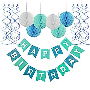 Fecedy Blue Happy Birthday Banner Honeycomb balls Swirls Streamers for Birthday Party Decorations