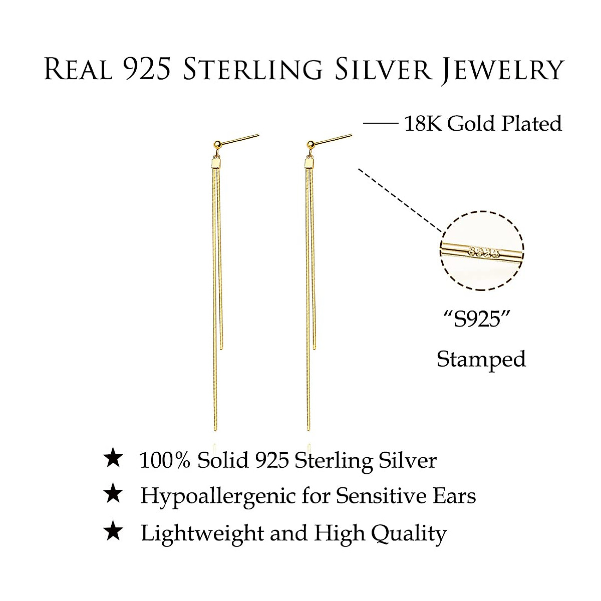 Reffeer Solid 925 Sterling Silver Tassel Chain Dangle Earrings for Women Teen Girls Long Dangle Drop Earrings Minimalist (B-18K Gold)