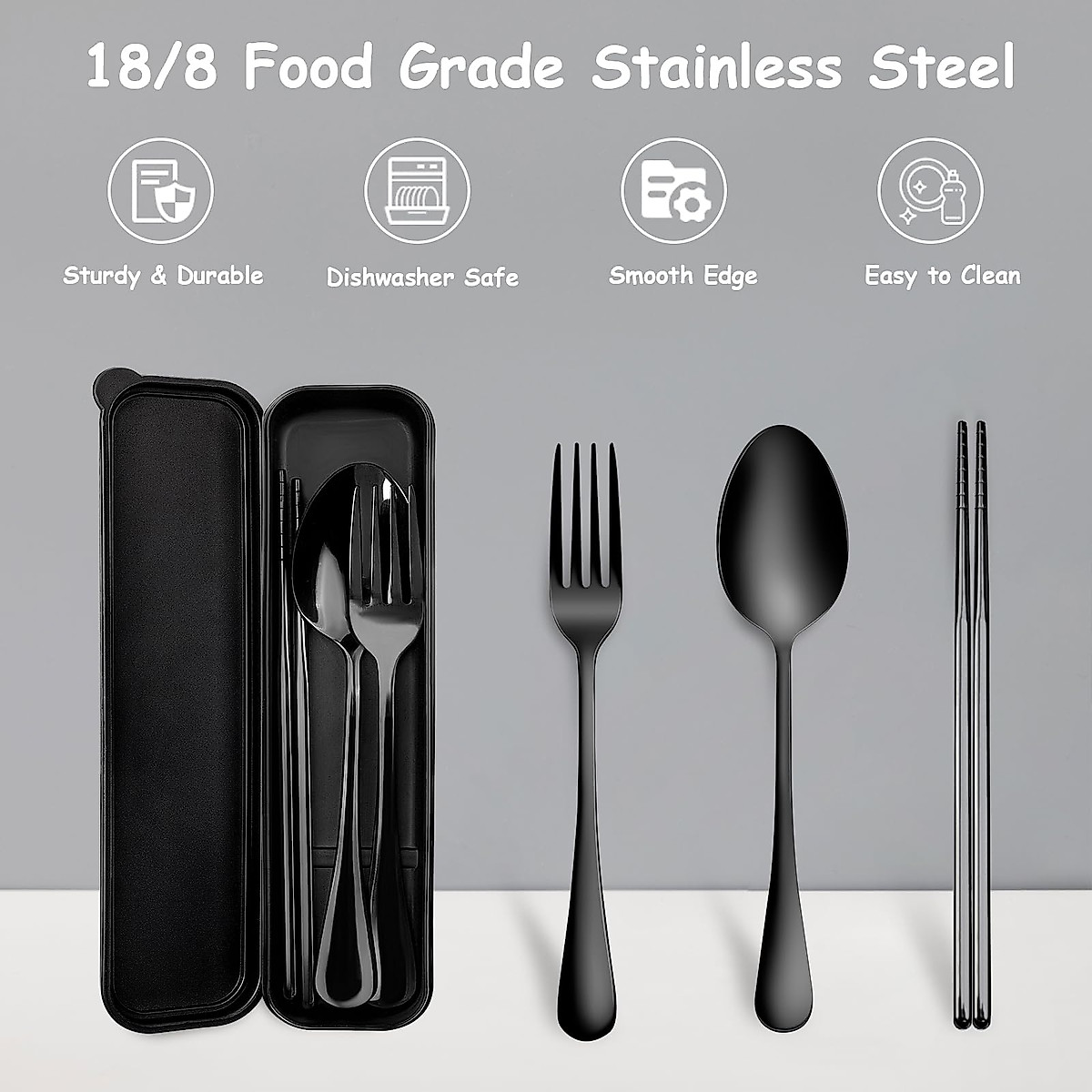 Portable Travel Utensils Set with Case 18/8 Stainless Steel Cutlery Set Include Fork Spoon and Chopsticks with Case Reusable Utensil Set for Work (Black)