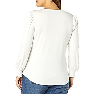 Amazon Essentials Women's Long-Sleeve Crewneck Smocked Cuff T-Shirt, White, Small