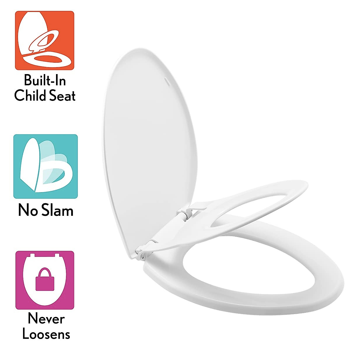 Little2Big 181SLOW 000 Toilet Seat with Built-In Potty Training Seat, Slow-Close, and will Never Loosen, ELONGATED, White