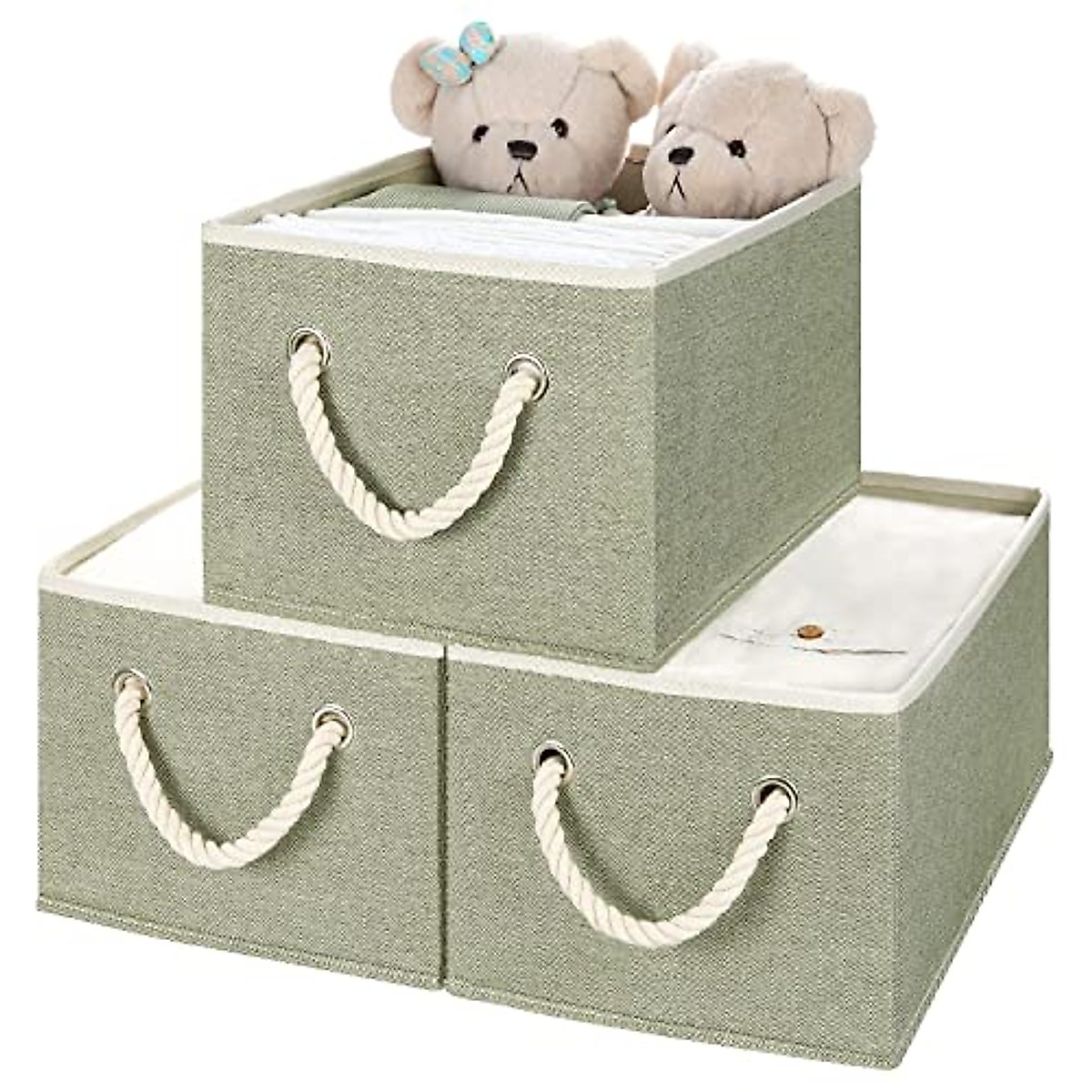 TOPIA HOME Closet Organizers and Storage Bins for Shelves, 3-Pack Foldable Storage Baskets for Organizing with Rope Handles, Collapsible Fabric Cube Organization Boxes, Large, Green, TP02E