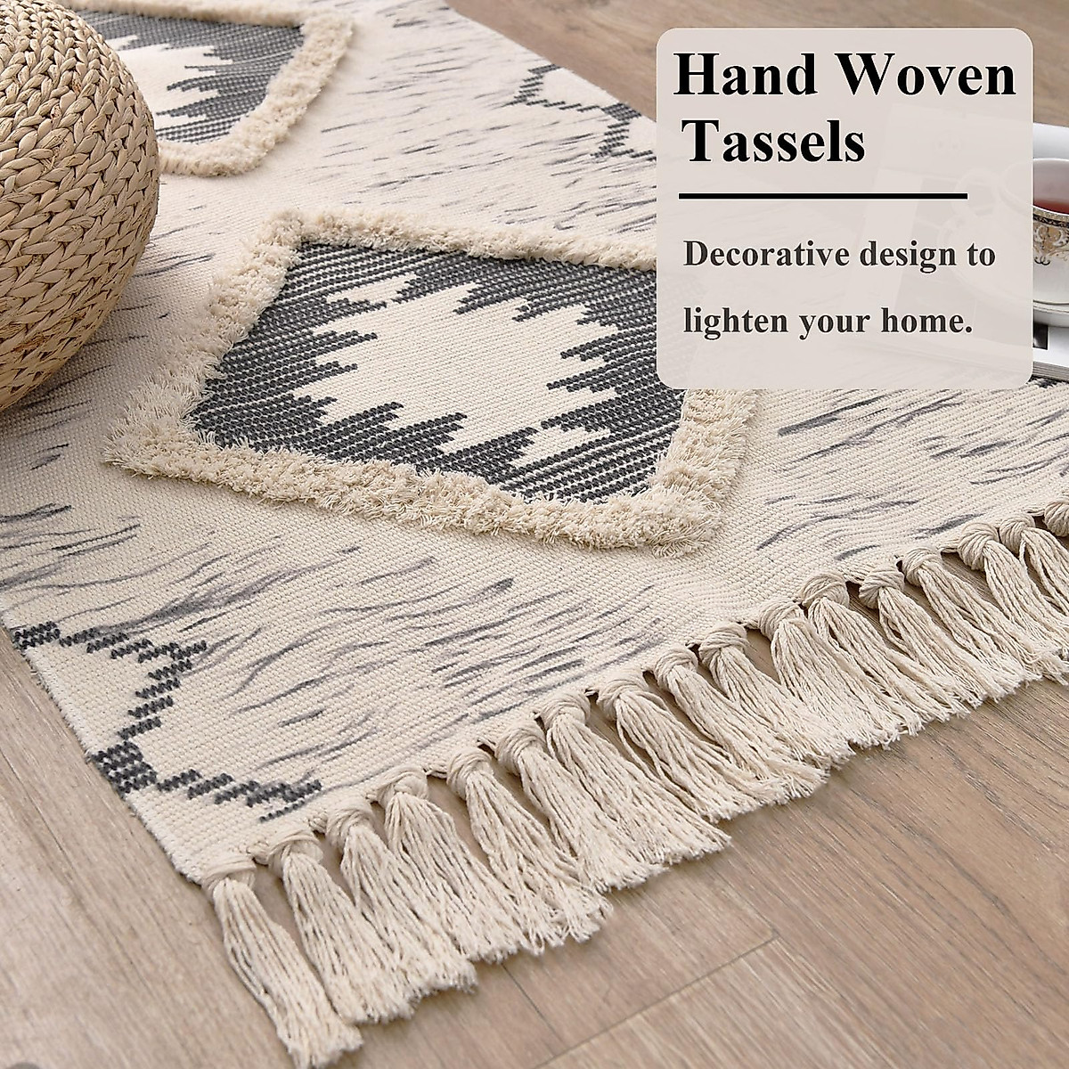 Boho Runner Rug 2'x6', Washable Hallway Farmhouse Area Rug, Kitchen Floor Mat with Tassels, Tufted Cotton Woven Entryway Carpet, Grey