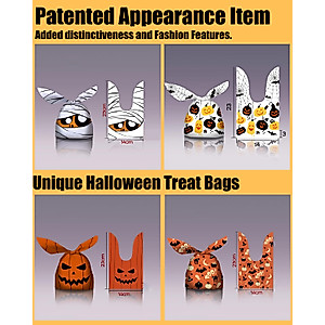 KOCOVIMI 100Pcs Halloween Trick or Treat Bags, 4 Style Patented Appearance Halloween Candy Bags for Kids, Cute Rabbit Ear Halloween Treat Bags Goody Bags Cookie Bags for Halloween Party