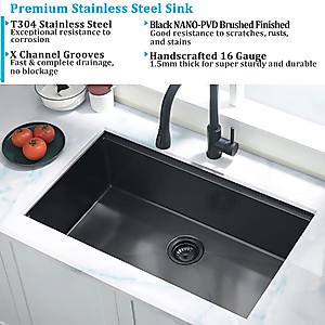 30 Inch Undermount Kitchen Sink Black Stainless Steel, BoomHoze 30 x 19 Inch Undermount Workstation Sink Single Bowl Commercial 16 Gauge Stainless Steel Black Kitchen Sink Deep Kitchen Sink