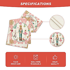Artoid Mode Pink Diamond Plaid Nutcracker Snowflake Christmas Table Runner, Seasonal Winter Kitchen Dining Table Decoration for Home Party Decor 13x72 Inch