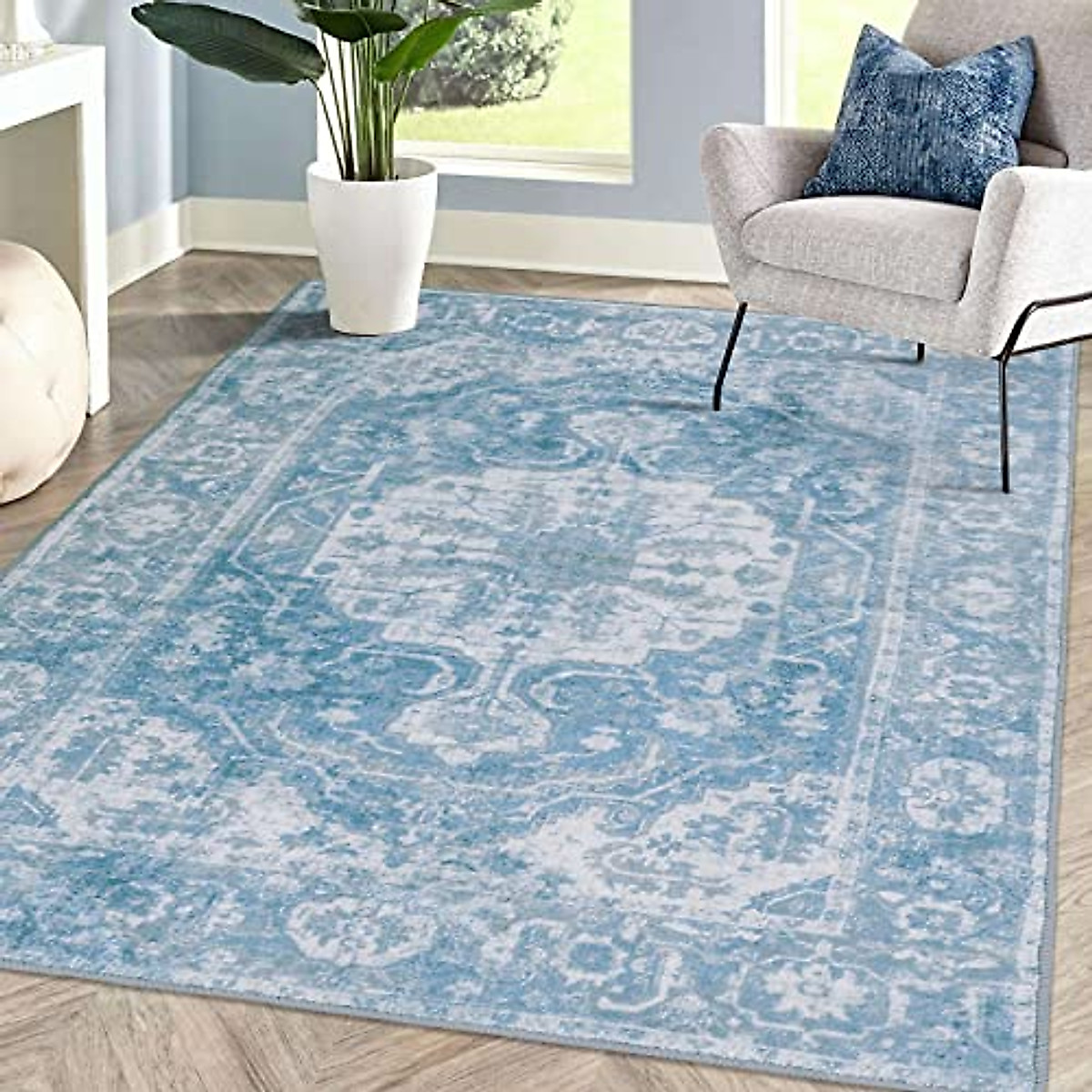 Fashionwu Washable Rug 8x10 Persian Area Rug Medallion Non-Slip Floor Mat Soft and Velvet Large Floor Cover for Bedroom Living Room 8x10 Rug Aesthetic Carpet Non-Shedding Anti-Slip Large Mat, Teal