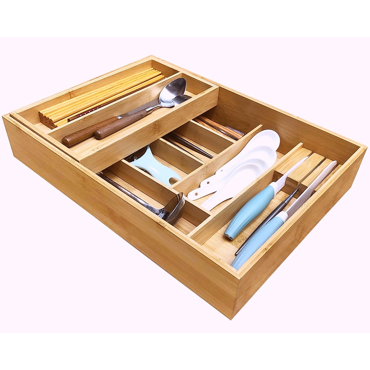 COIWAI Double layer Bamboo Kitchen Drawer Organizer, Utensil Drawer Organizer, Silverware & Cutlery Tray,With Slidable & Removable Utensil Tray,With Knife Holder, Flatware Organizer, Drawer Divider,