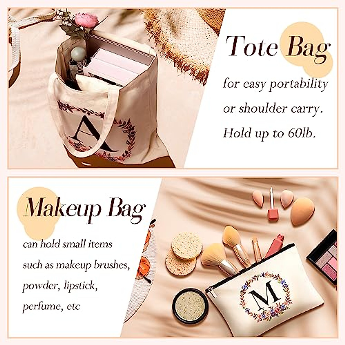 AUNOOL Monogrammed Tote Bag with Makeup Bag, 13oz Canvas Tote Bag for Women Floral Initial Tote Bag Bridal Shower Gifts for Bride To Be Personalized Gifts for Teachers Friends Sister, Letter E