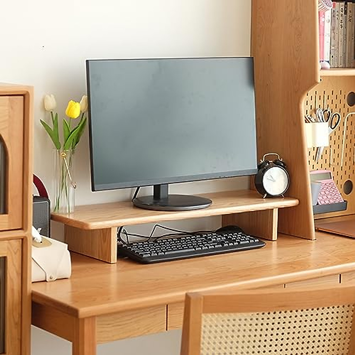 NOODCO Large Solid Wood Monitor Stand Riser Ergonomic Modern Long Computer Monitor Shelf Heavy Duty Oak Desktop Riser Desk Laptop Stand Printer Stand Organization Home Office (Size : 80cm)