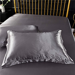 Grey Gray Luxury Silk Bedding Set. Include Silk Duvet Cover, Silk Pillow Sham and Silk Fitted Sheet. Satin Silk, Silk Blend Fabric. No Comforter or Duvet Insert Included. Full/Queen Size.