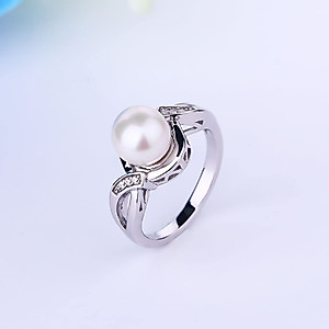JO WISDOM Pearl Ring,925 Sterling Silver Infinity Cubic Zirconia Women's Rings with 9mm White Freshwater Cultured Pearl Ring size 5