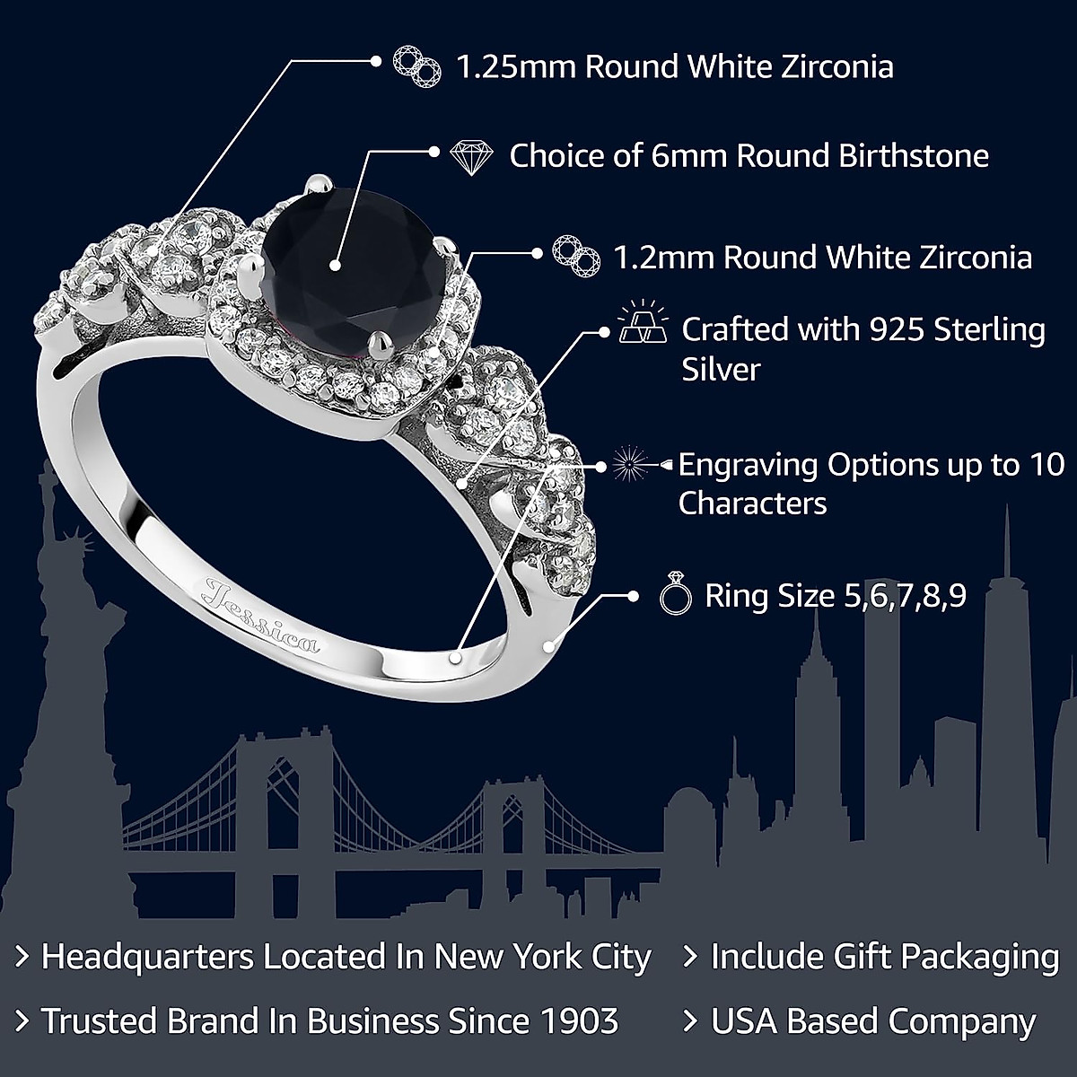 Gem Stone King 925 Sterling Silver Customized Personalized 6MM Round Gemstone Birthstone Engagement Promise Name Engraved Ring For Women (Size 8)