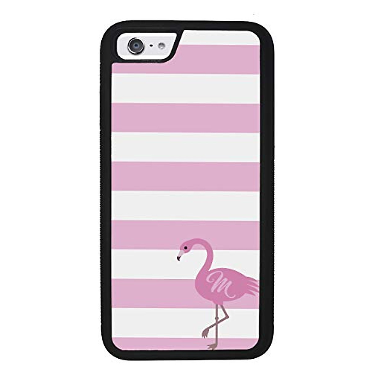 Pink and White Bars Flamingo Personalized Apple iPhone Black Rubber Phone Case Compatible with iPhone 14 Pro Max, Pro, Max, iPhone 13 Pro Max Mini, 12 Pro Max Mini, 11 Pro Max X XS Max XR 8 7 Plus