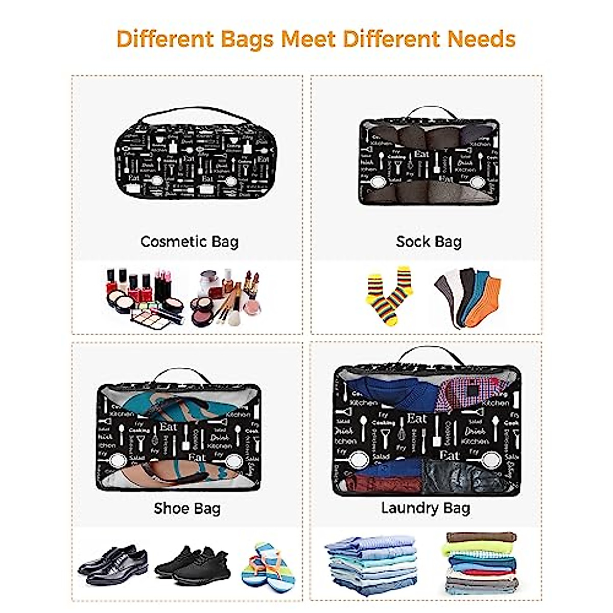 Packing Cubes Set of 4 Minimalist Utensils Travel Bags Organizer for Luggage Pots Pans Spoon Travel Essentials Accessories Cubes for Carry on Suitcases