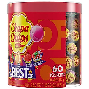 Chupa Chups Candy Lollipops, 5 Assorted Flavors, Drum Display for Parties Office Concessions, 60 Count Drum(Pack of 1)