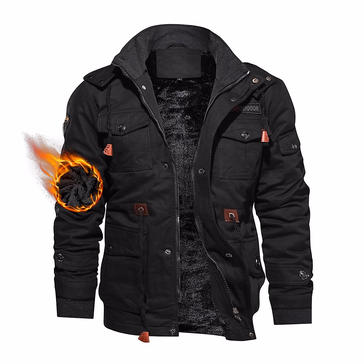 TACVASEN Mens Winter Jacket Fleece Warm Jackets Winter Coats for Men Military Work Coat with Hooded Black L