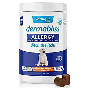 Vetnique Dermabliss Dog Allergy Relief & Immune Support Supplement Allergy Chews for Dogs Itching and Licking with Omega 3 Fish Oil & Probiotics for Itch Relief - Vet Recommended (120ct Chews)