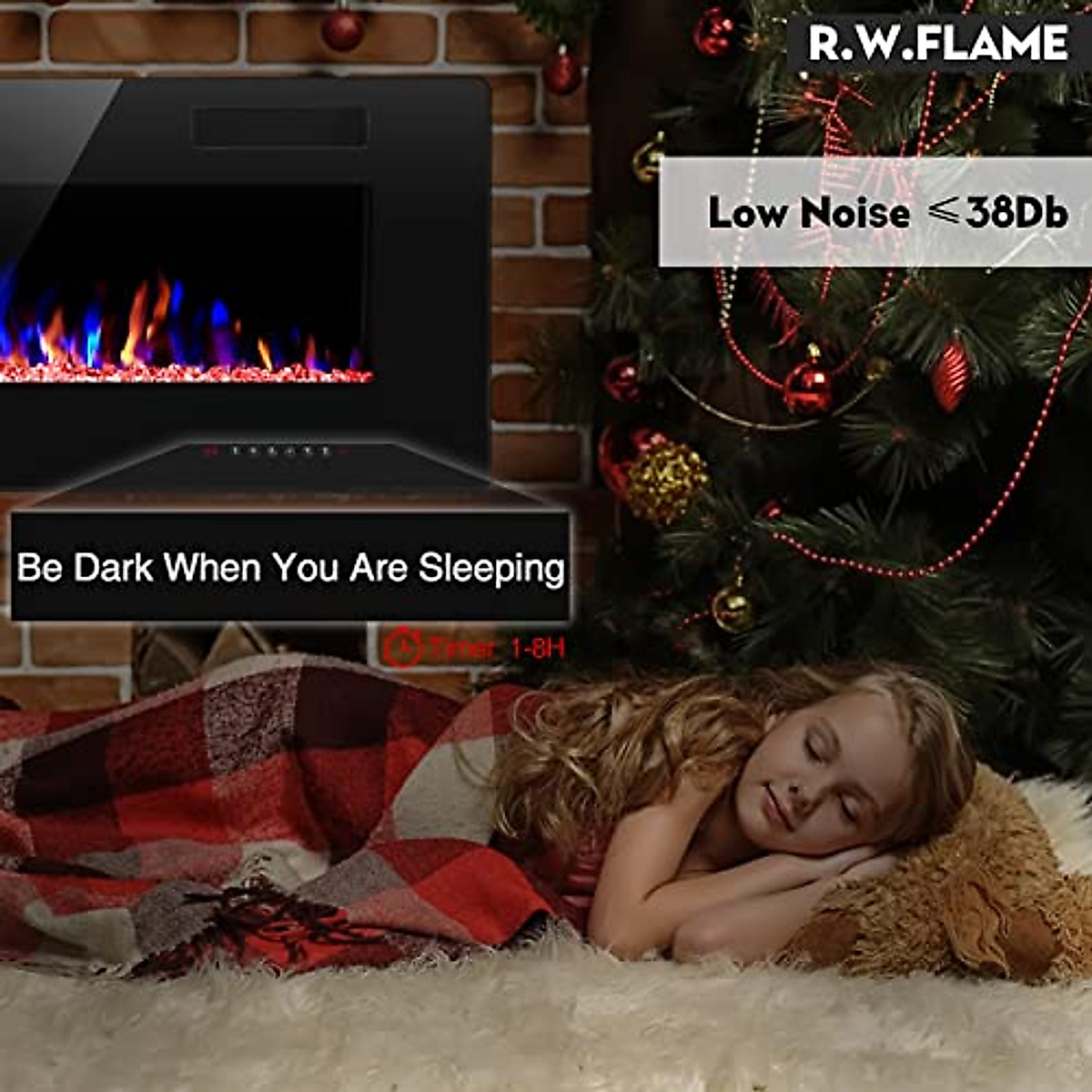 R.W.FLAME 42IN Recessed and Wall Mounted,The Thinnest Fireplace,Low Noise, Fit for 2 x 6 and 2 x 4 Stud, Remote Control with Timer,Touch Screen,Adjustable Flame Color and Speed