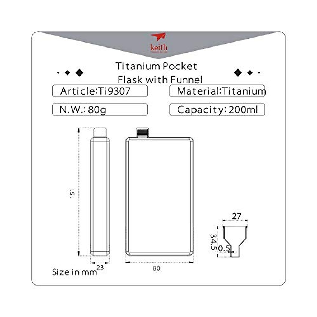 Keith Titanium Ti9307 Pocket Flask with Funnel - 6.8 fl oz ●●●●●●● Keith's 18th Anniversary: Exclusive Price!