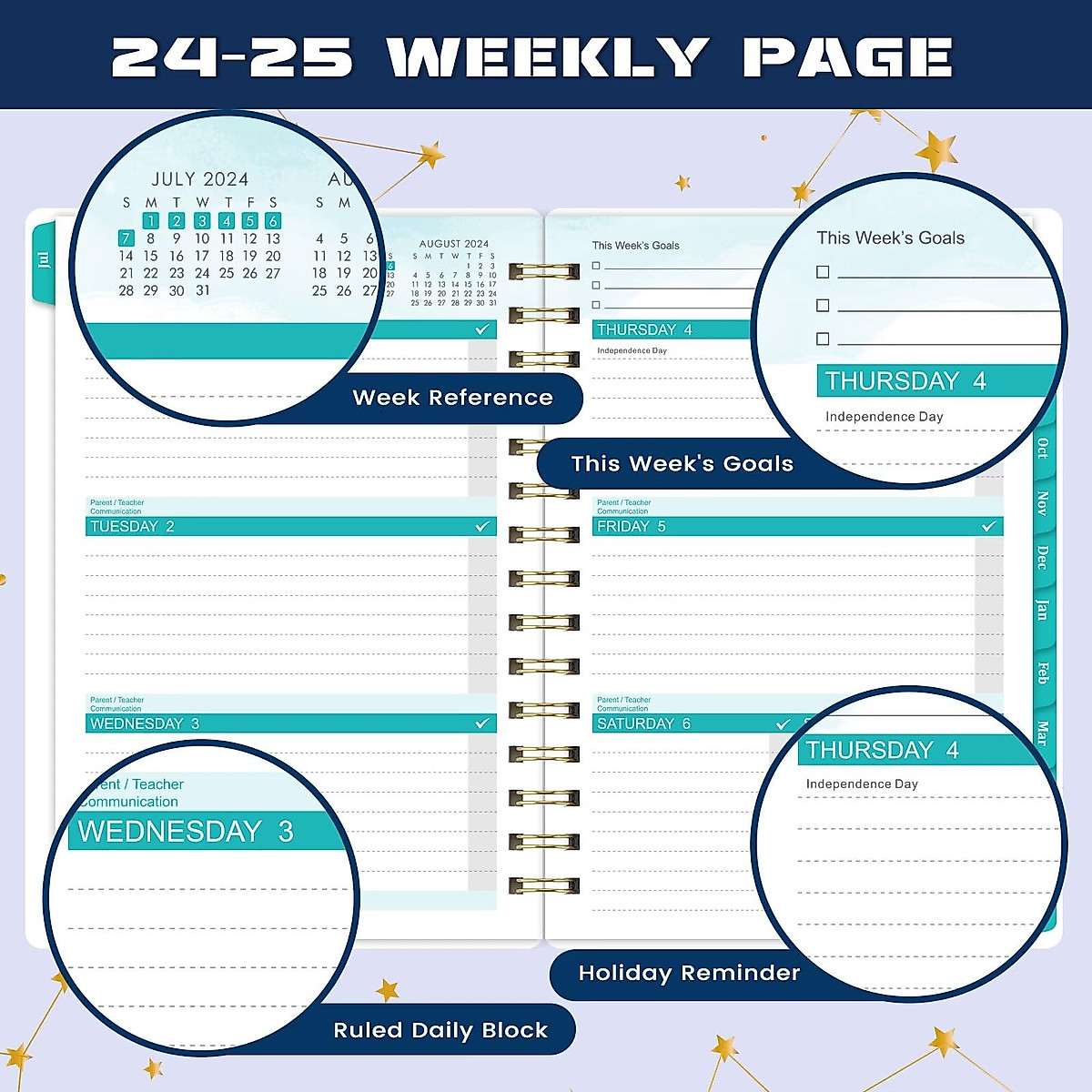 Student Planner 2024-2025 - School Planner, JUL 2024 - JUN 2025, 6.3" x 8.4", Monthly Weekly Planner/Agenda, Thick Paper + Holidays + 3-Hole Punched + Twin-Wire Binding, Stickers, Blue