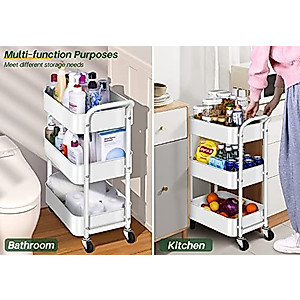 AOODA 3 Tier Under Desk Metal Rolling Cart with Handle and Lockable Wheels, 27'' Height Small Book Cart Mobile Art Cart Rolling Storage Organizer for Office, Bathroom, Kitchen, Nursery (White)