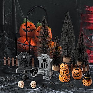 W1cwey Halloween Village Scene Ornaments Accessories, Set of Pumpkin, Tombstones, Skeletons, Spiders, Black Cat, Pine Trees, Resin Miniature Garden Scene Decor for Halloween Party