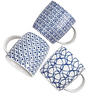 Okllen 6 Pack 11.5 Oz Coffee Mugs with Geometric Patterns, Ceramic Coffee Mugs Stylish Tea Cup Mugs Set Gift for Latte, Cappuccino, Milk, Water, Cocoa, Cereal, Blue and White