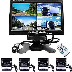Camecho Vehicle Backup Camera 7 Inch 4 Split Monitor+ 4 Cameras with Front View, Rear View 18 IR Night Vision Waterproof Auto Camera with 2x33 ft and 2x65ft Cables for Trucks, RV, Trailer, Bus