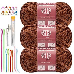 LUNARM 3 * 100g Chenille Yarn, Yarn for Crocheting Knitting with Big Eye Needles, Handcrafts Weaving Soft Chenille Yarn for Making Blankets, Clothes, Pattern Knitting Creations (Brown)