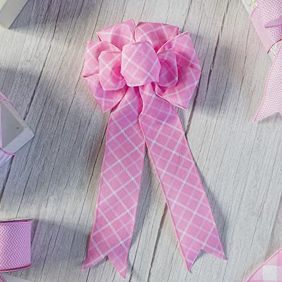 MEEDEE Pink Gingham Christmas Ribbon Wired Plaid Check 2.5 Inch X 10 Yards Burlap for Crafts Decoration Bows Making Flower Wreath Floral Bouquet Gift Wrapping