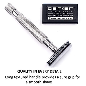 Parker 64S Stainless Steel Handle Double Edge Safety Razor & 5 Premium Blades