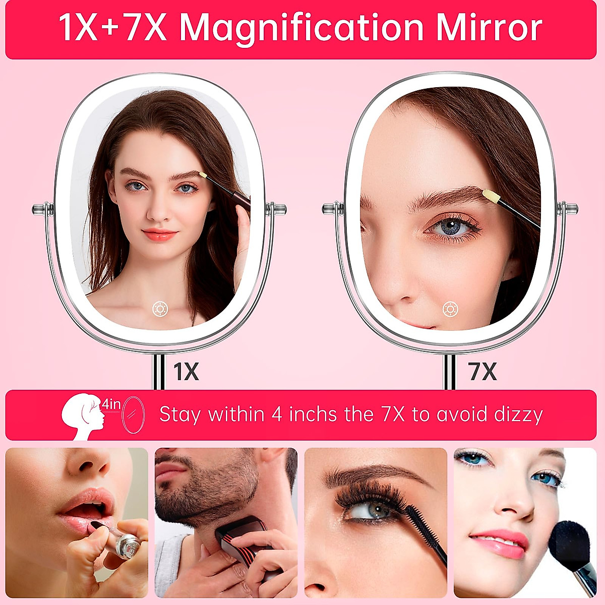 LOVESPEJO 9''Lighted Makeup Mirror with Magnification, 1X/7X Magnifying Mirror, Rechargeable Double Sided Oval LED Makeup Mirror, 3 Colors Dimmable Lighted Makeup Mirror，360° Rotation Cosmetic Mirror