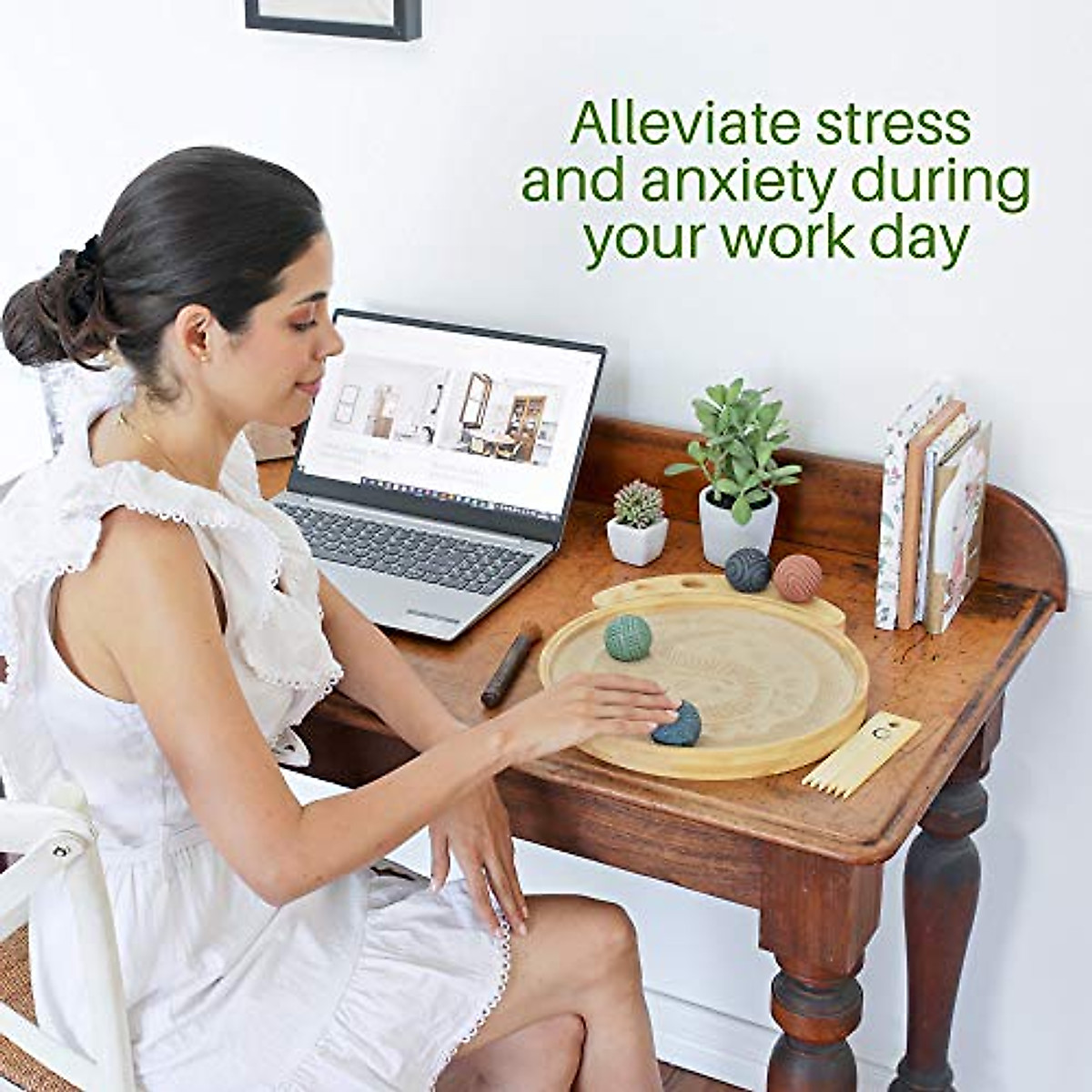 ENSO - Japanese Zen Garden Kit for Desk - Sand Garden Tools and Accessories Box Set for Office Desktop - 12” Large Round Bamboo Tray, 4 Stamp Spheres, Natural Sand, Rake - Mini Zen Decor Gifts