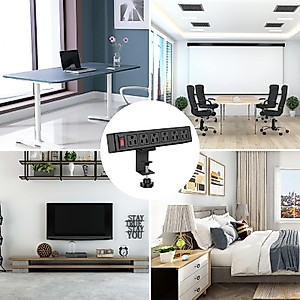 HHSOET Desk Power Strip with Switches, Clamp Outlet Strip Surge Protector, Clip on 1.7 inch Desktop Edge with 6 Outlet, Mountable Desk Outlet Removable Power Plugs, 6FT Extension Cord. (Black)