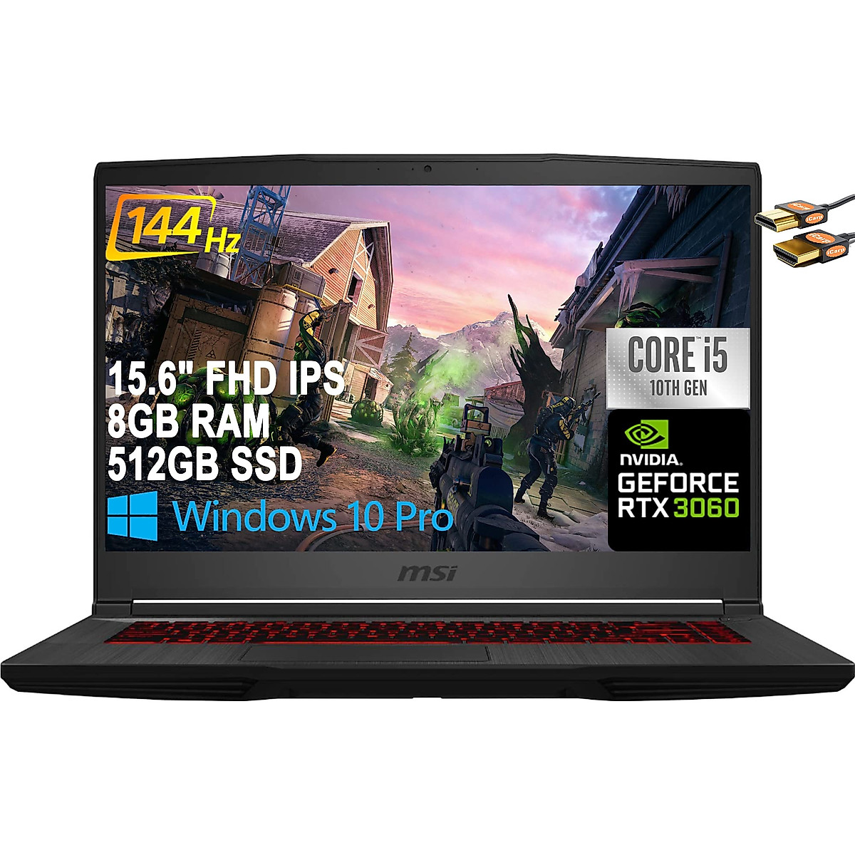 MSI GF65 Thin Gaming Laptop 15.6" FHD IPS 144Hz 10th Gen Intel Hexa-Core i5-10500H (Beats i7-9750H) 8GB RAM 512GB SSD GeForce RTX 3060 6GB Backlit Keyboard USB-C Nahimic Win10 Pro Black + HDMI Cable