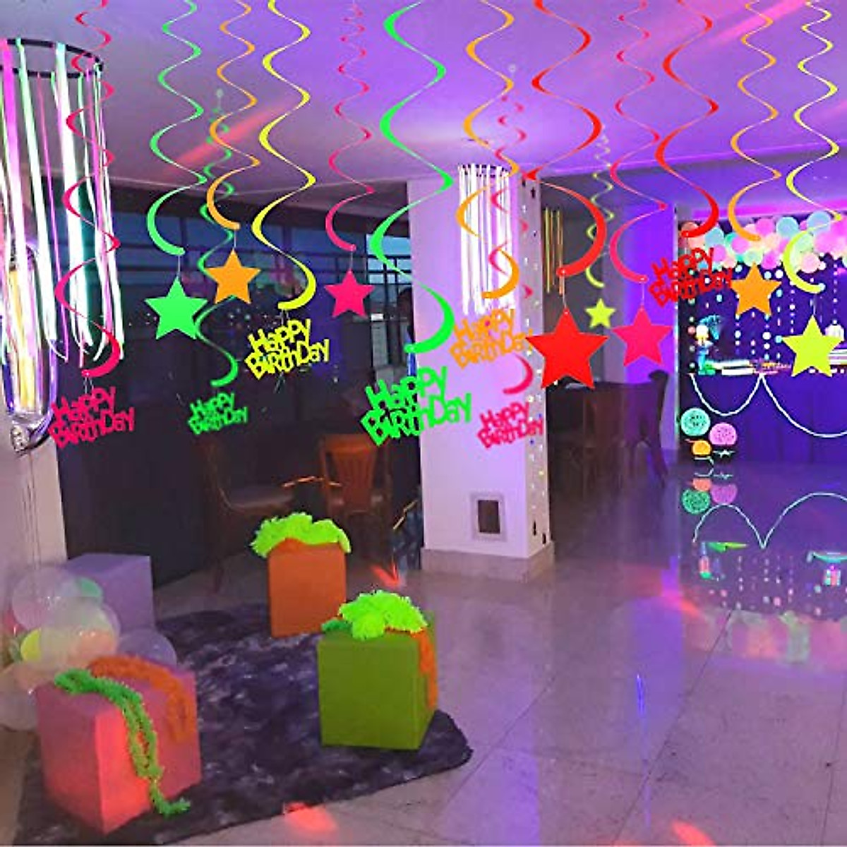 50 Pieces Glow Party Supplies Hanging Swirl Decorations Neon Star Swirl Hanging Decorations for Neon Party Glow Party Ceiling Decorations