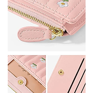 kuifang Girls Cute flowers Print Wallet, Small Tri-folded Aesthetic Wallet, PU Leather Purse Cash Pocket Card Holder ID Window Purse for Women(Pink)