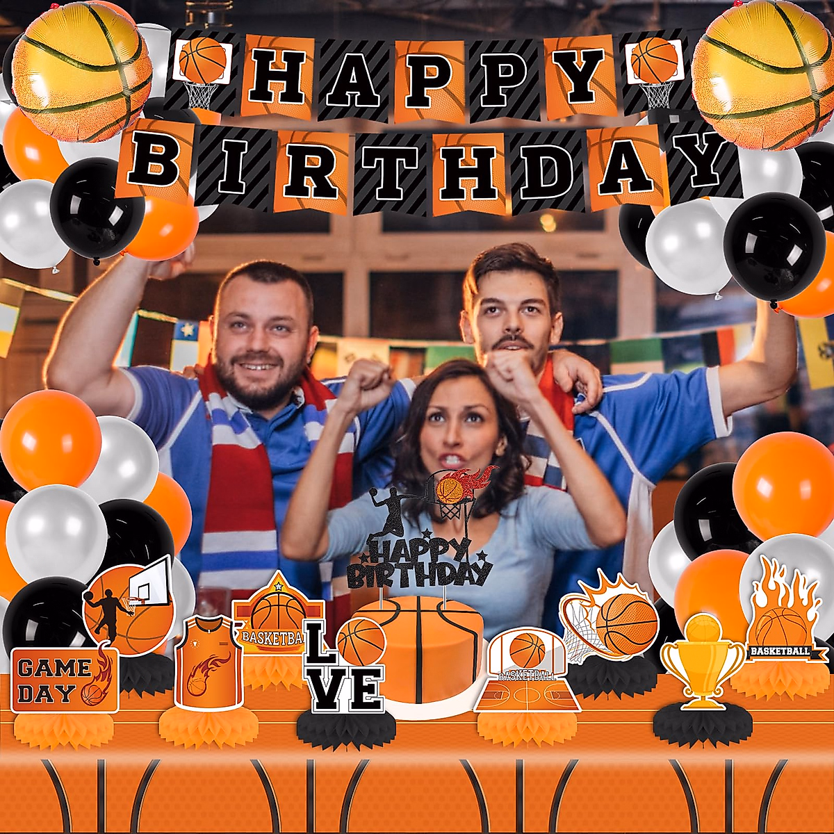 76pcs Basketball Birthday Party Decorations with Basketball Banner Honeycomb Centerpiece Basketball Balloons Cake Topper Tablecloths for Boys Basketball Theme Party Decorations