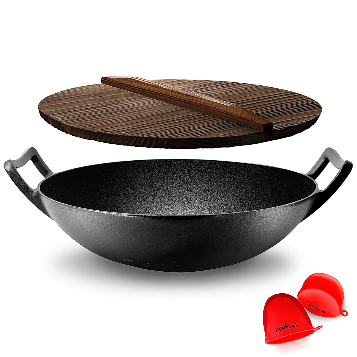 Nutrichef Pre-Seasoned Cast Pan-5.8 QT Heavy Duty Non-Stick Iron Chinese Wok or Stir Fry Skillet w/Wooden Lid, for Electric Stove Top, Induction, Large, Black