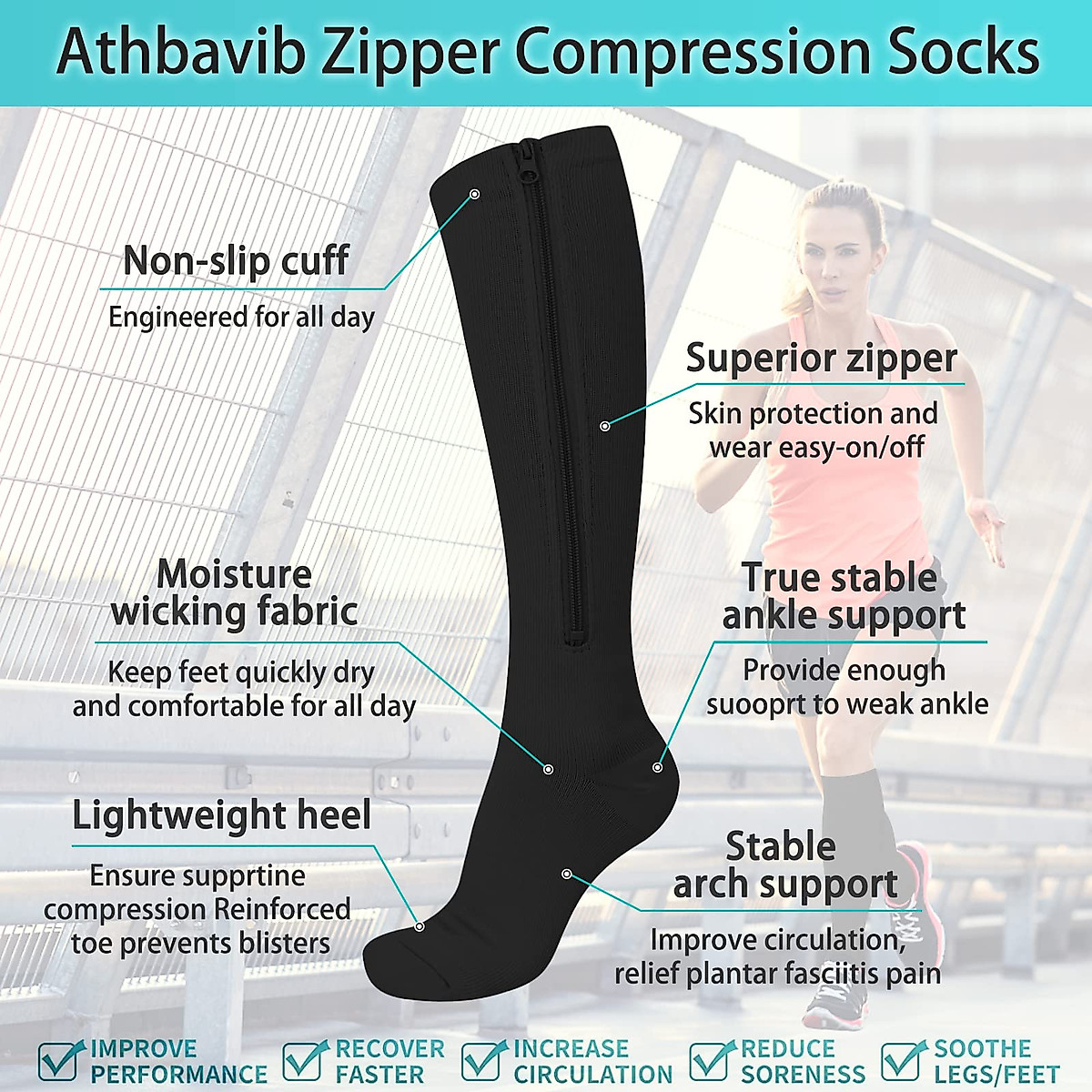 2 Pairs Zipper Compression Socks, 15-20 mmHg Closed Toe Compression Stocking with Zipper for Women and Men