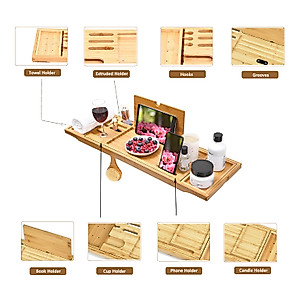 Bathtub Caddy Tray, Expandable Bamboo Bath Tray Waterproof for Tub with Wine Holder Built in Book Tablet Integrated Wineglass Holder Phone Tray & Accessories Placement（expands to 43 inches）