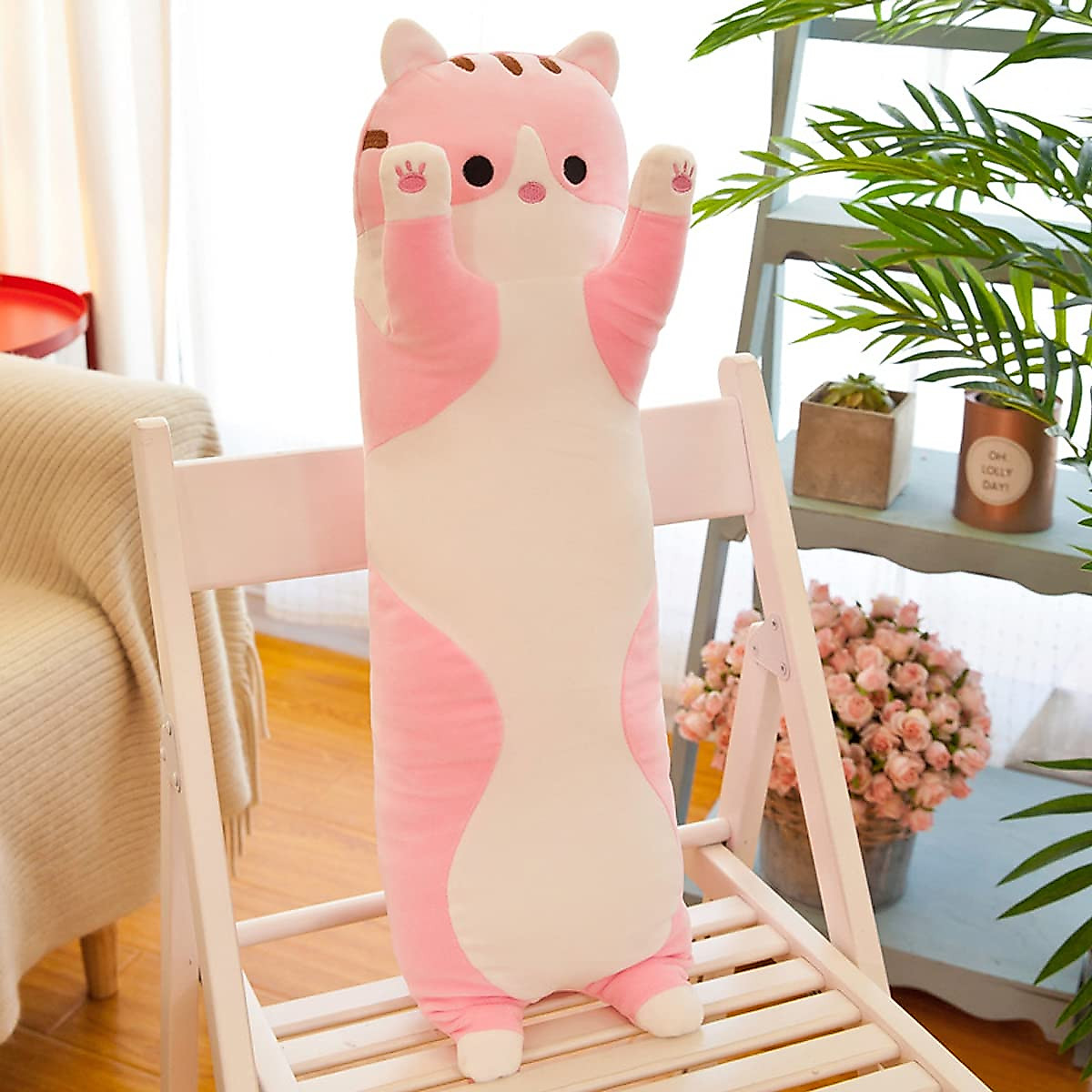 MDXMY Long Stuffed Cat Plush Pillow Cute Cat Stuffed Animals Soft Long Body Throw Sleeping Pillow(Pink,19.6inch)